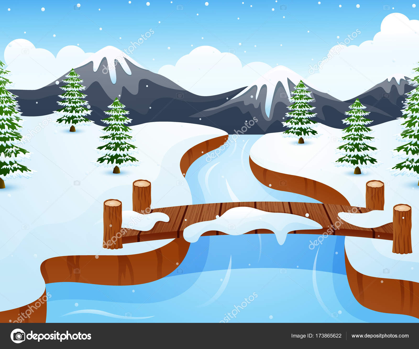 Cartoon winter landscape with mountains and small wooden bridge over ...