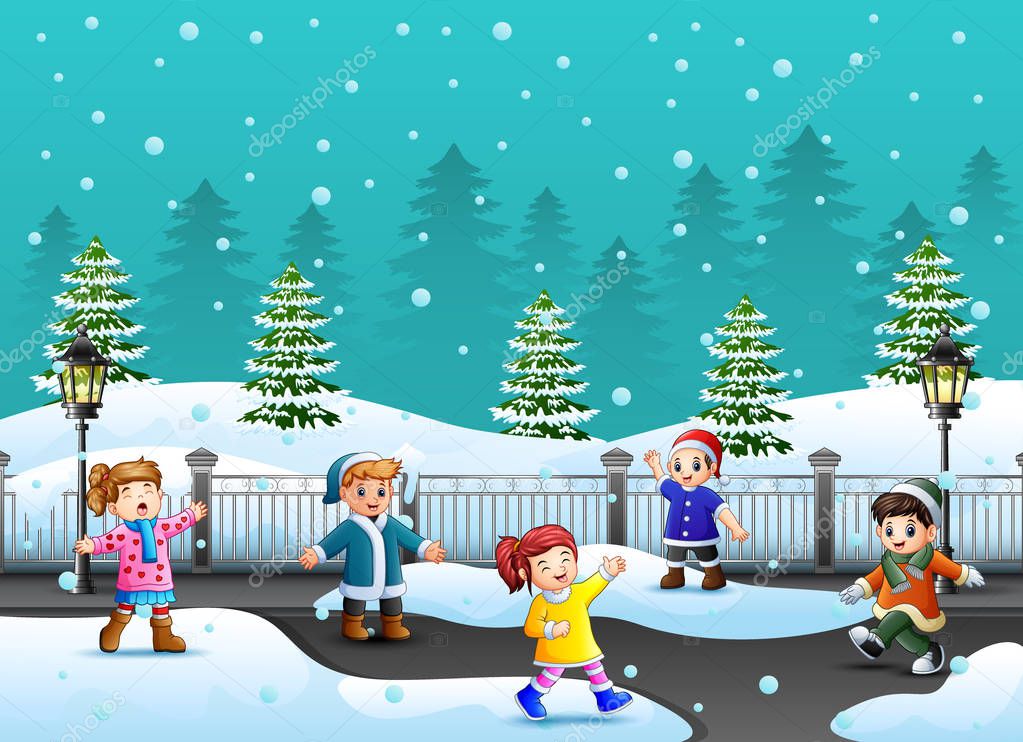 Ilustraci n vectorial de ni os de dibujos animados jugando en el jard n nevado 2024