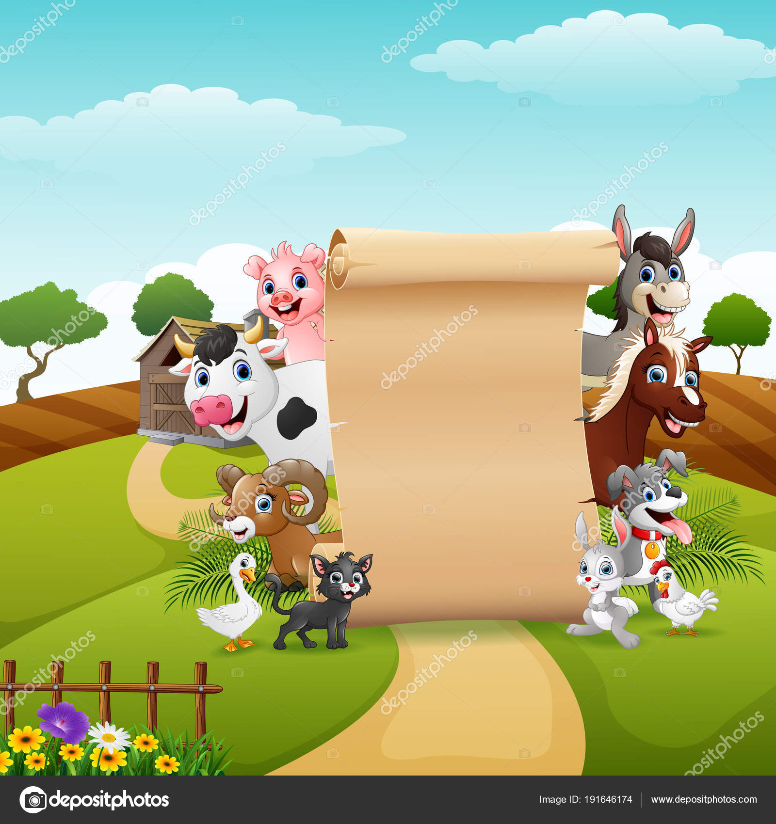 Ilustración Vectorial Granja Animales Con Rollo Papel Blanco Vector de ...