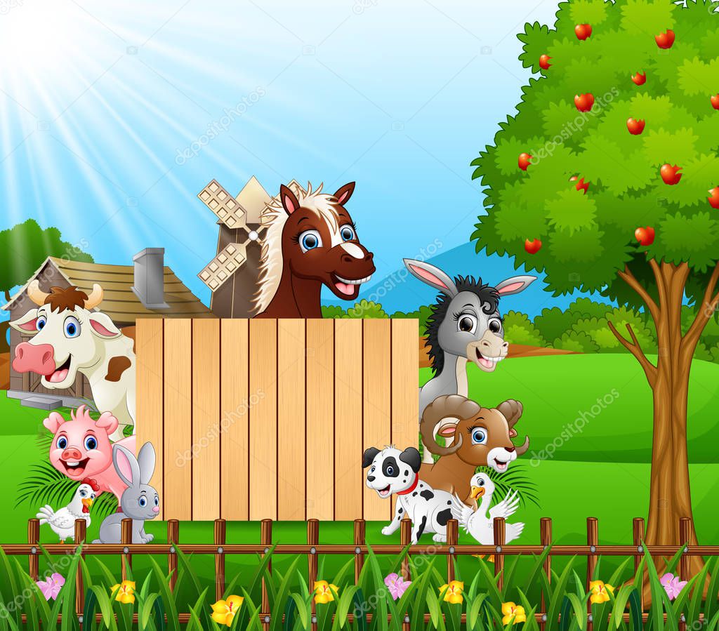 Ilustración vectorial de animales de granja con un letrero en blanco 2022