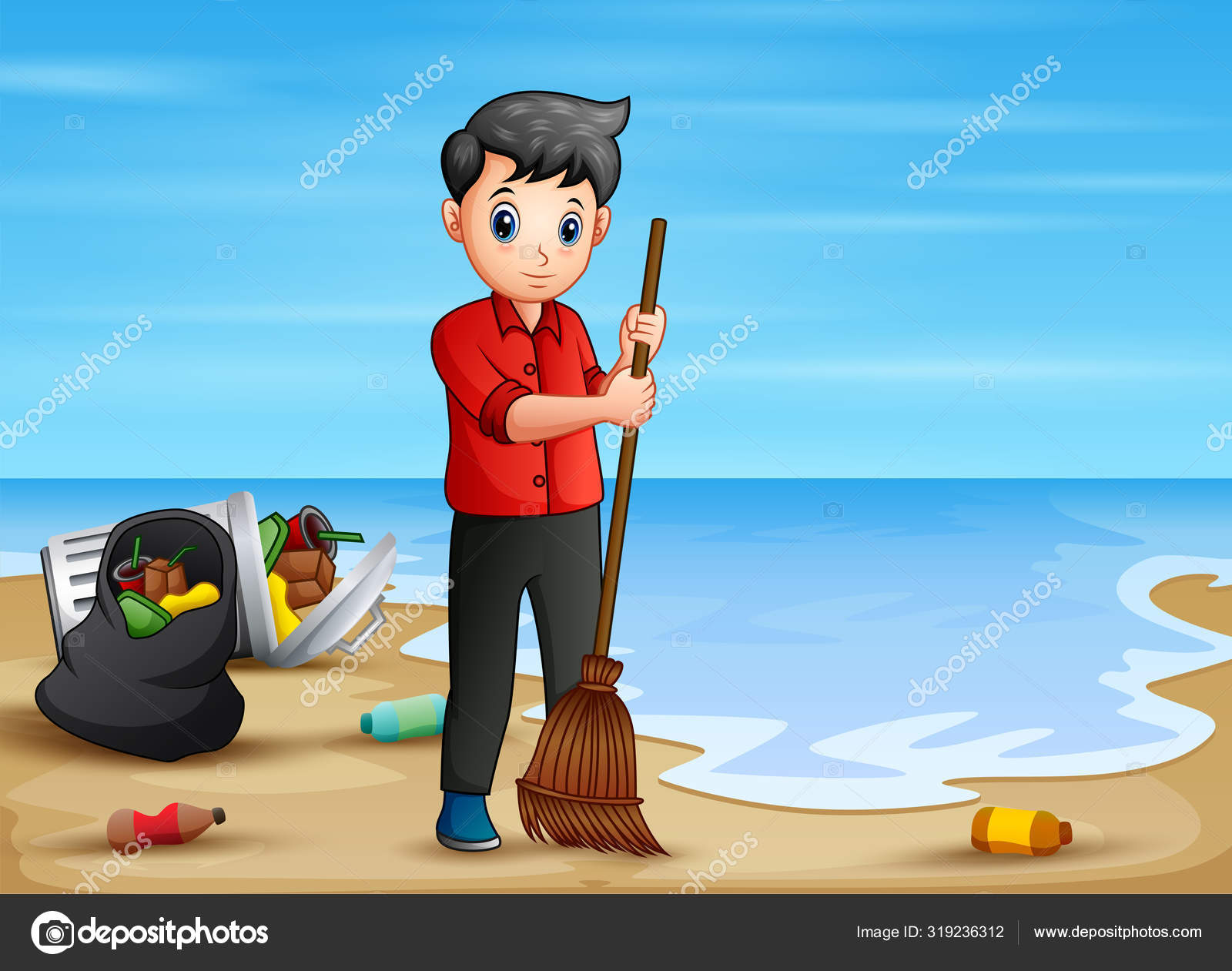 Volunteer Man Sweeping Trash Beach ⬇ Vector Image by © dualoro | Vector ...