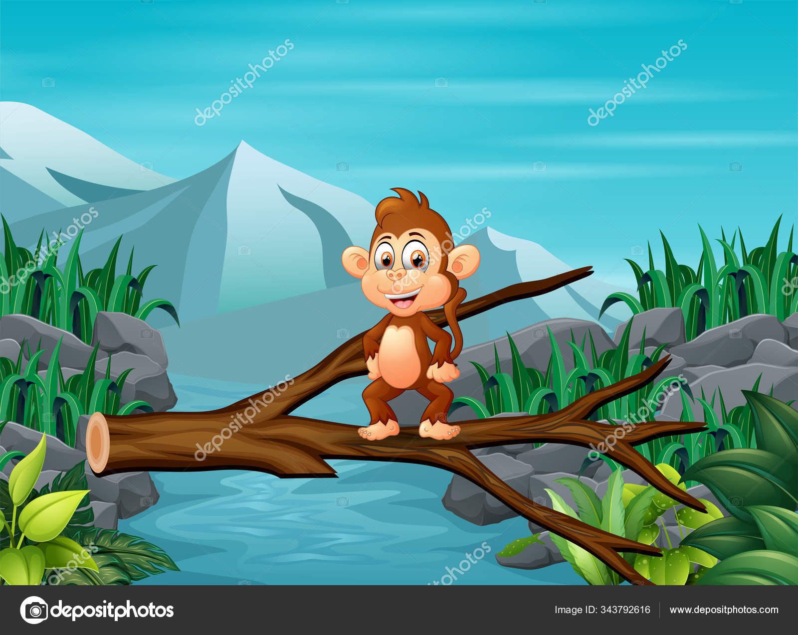 Ilustración Mono Cruzando Puente Arbóreo Vector de stock #343792616 de ©dualoro