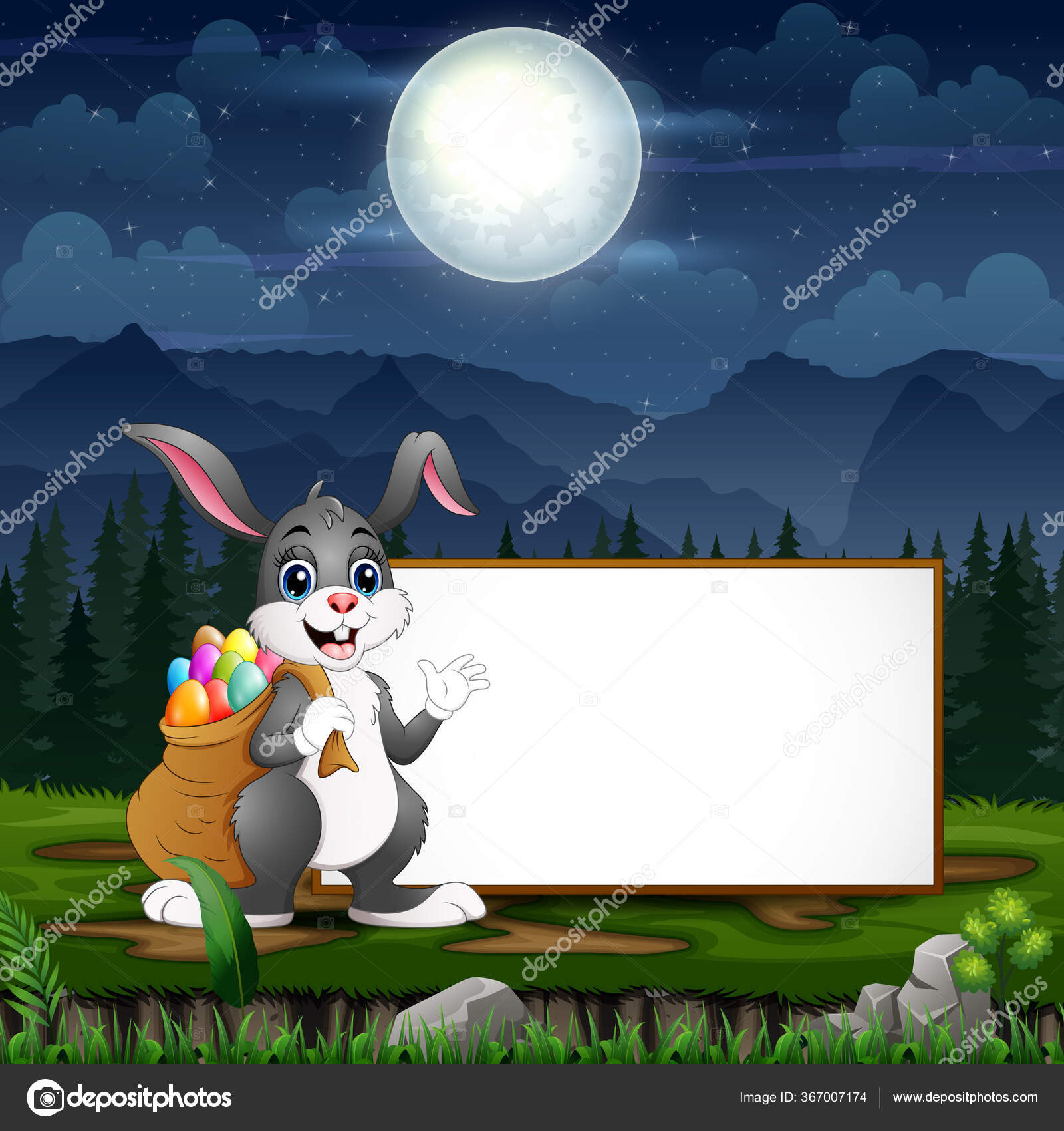 Easter Bunny Carrying Sack Easter Eggs Front Blank Sign Stock Vector by ...