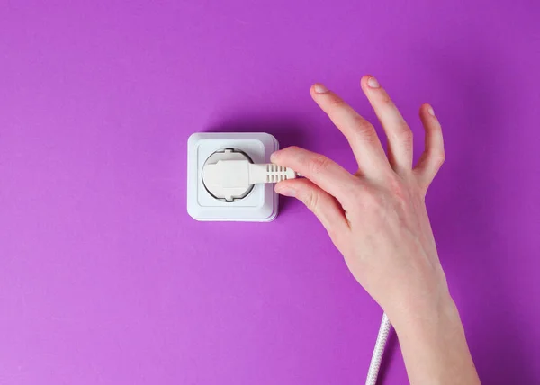 Female hands plug in power plug into electro outlet on purple ...