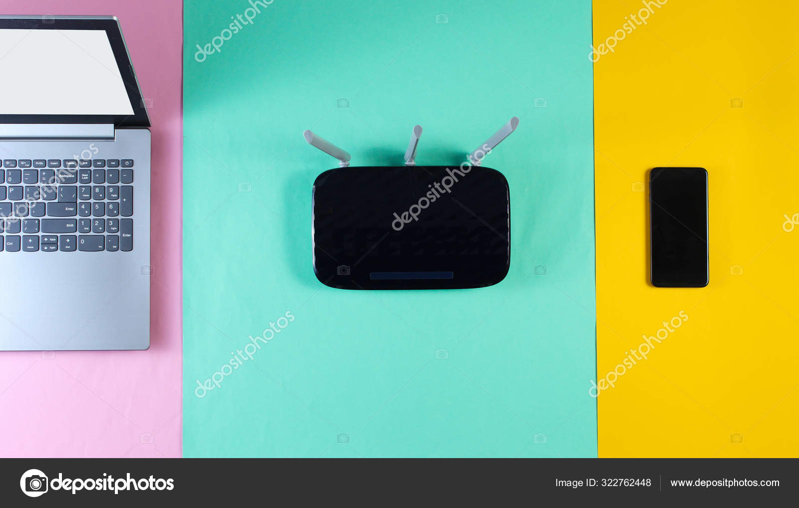 Router Smartphone Laptop Colored Background Modern Gadgets Top View ...