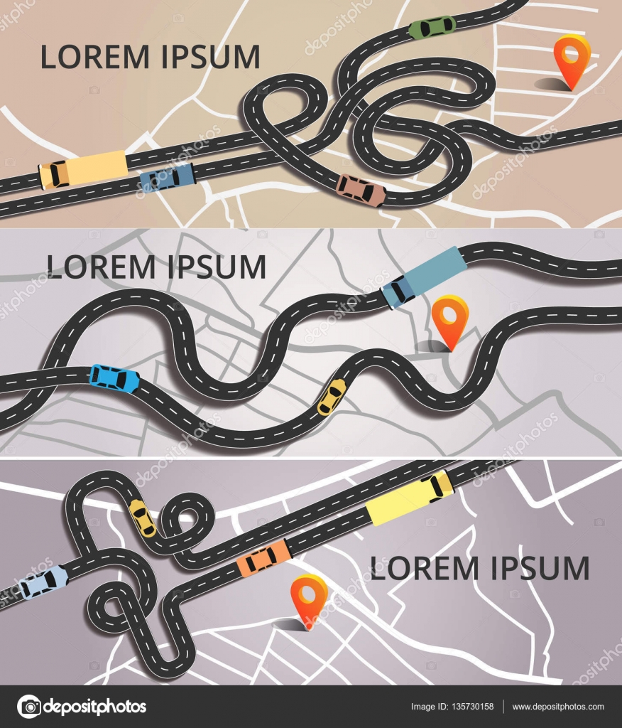 Three horizontal banners with different winding roads, cars, trucks ...