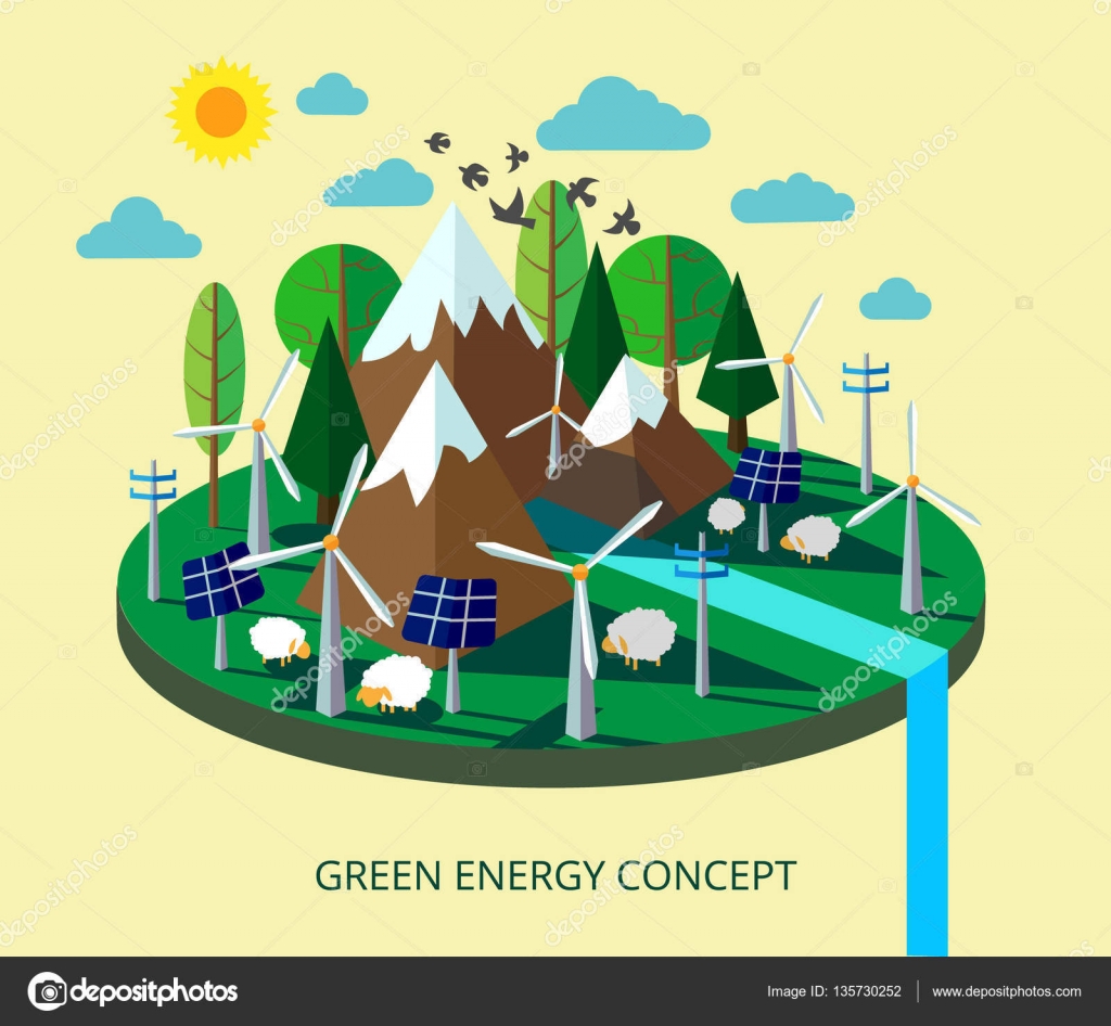 Green energy consept, vector illustration. Eco island with windmills ...