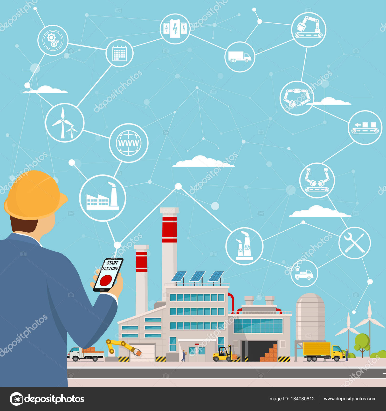 Smart factory and around it icons Engineer starting a smart plant ...