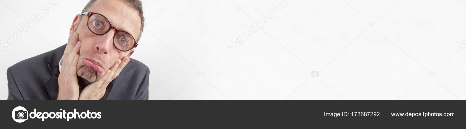 Sad manager disappointed by corporate announcement expressed with humor ...