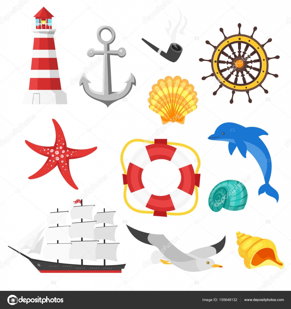 Conjunto de desenhos animados vetoriais estilo de objetos do mar. Ícone ...