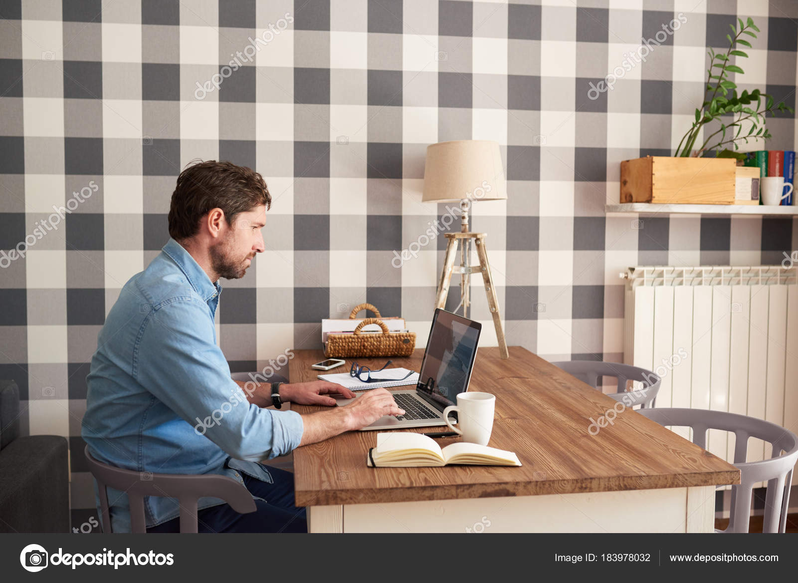 Focused Young Man Working Alone Home Online Laptop Table His Stock ...
