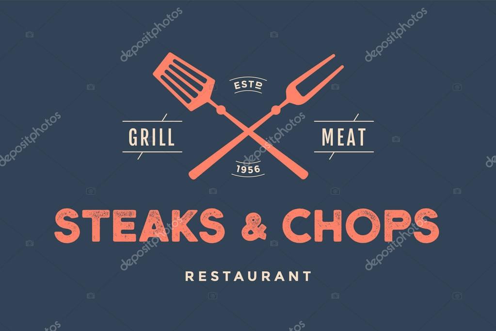 Etiqueta de restaurante con símbolos de parrilla, texto Filetes ...
