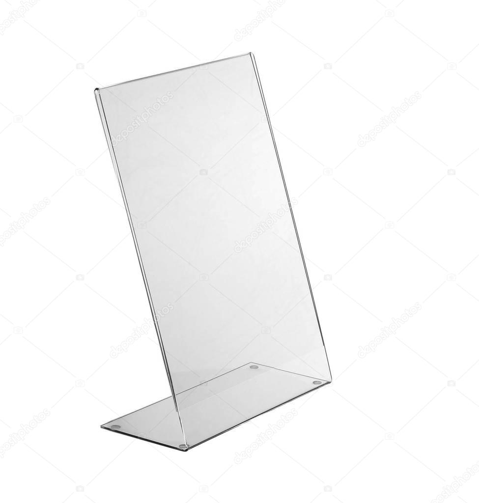 Transparent acrylic table stand display for menu isolated, white ...