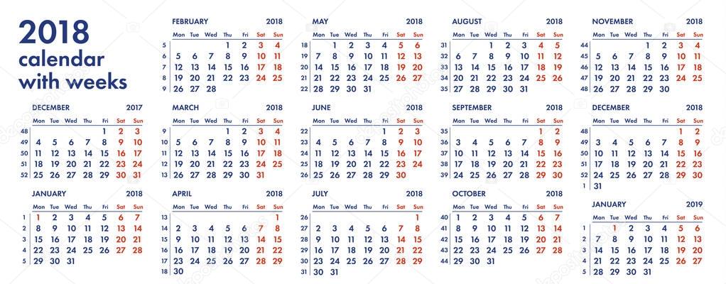 2018 calendar weeks Vector Art Stock Images | Depositphotos