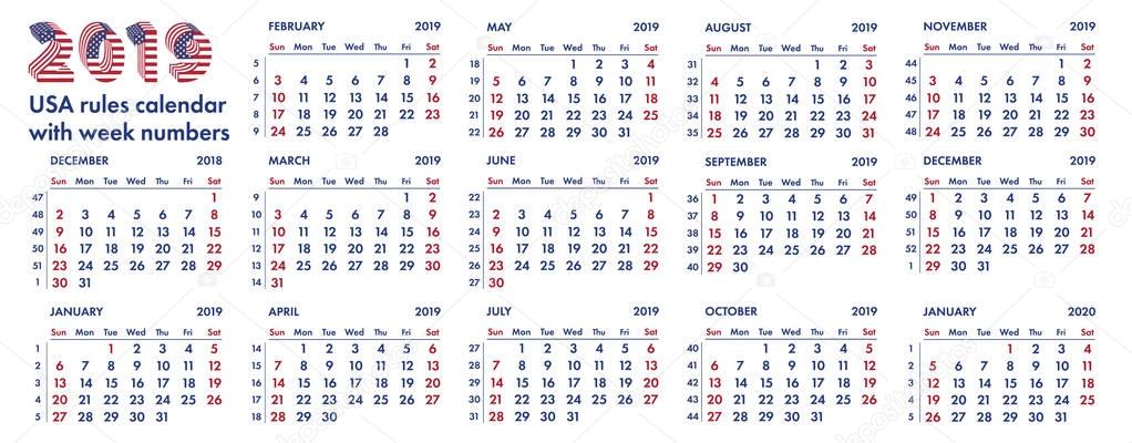 2019 calendario americano semanas vector ilustración 2024