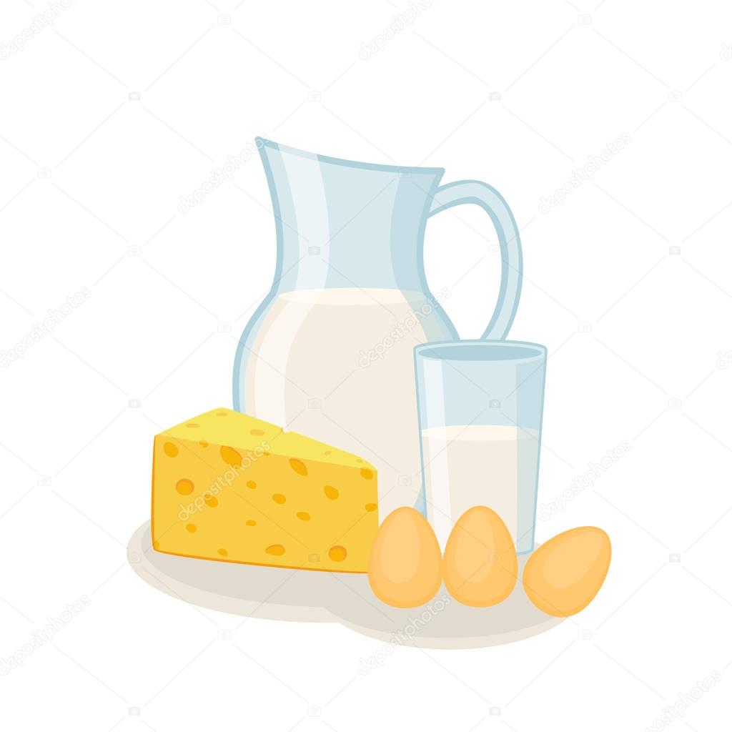 Conjunto de productos lácteos con huevos, queso y jarra y taza de ...