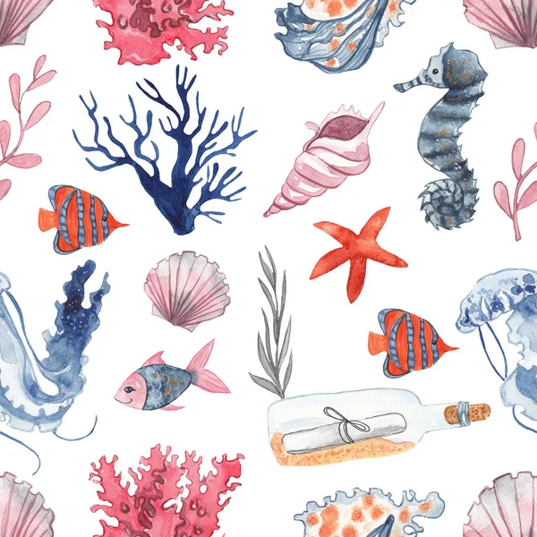 Seamless Pattern Watercolor Mermaids Seashells Sea Stars Fish Seaweed ...
