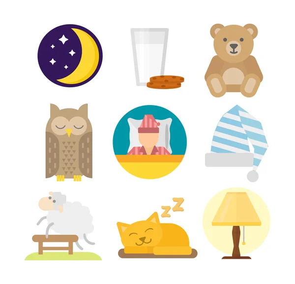 Sleep time, objects for sleep, sheep, teddy bear, pillows, nightcap ...