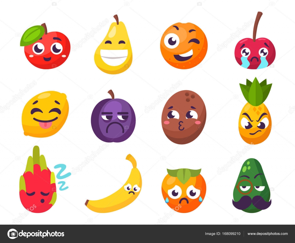 Cartoon emotions fruit characters natural food vector smile nature ...