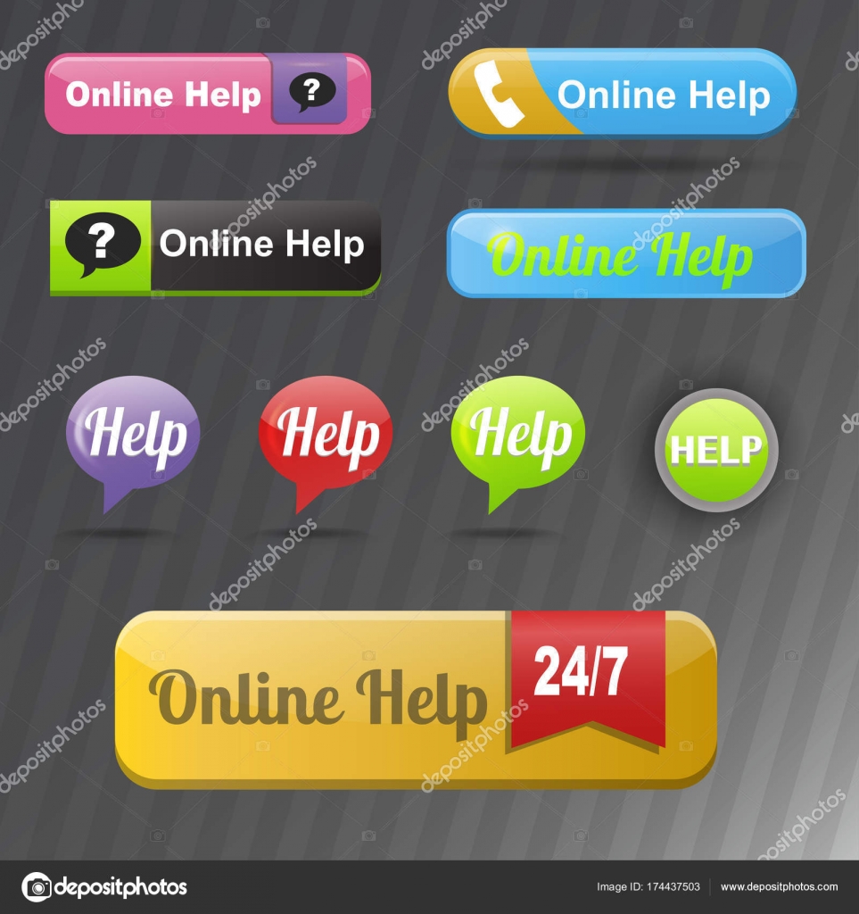 Colorful website online help buttons design vector illustration glossy ...