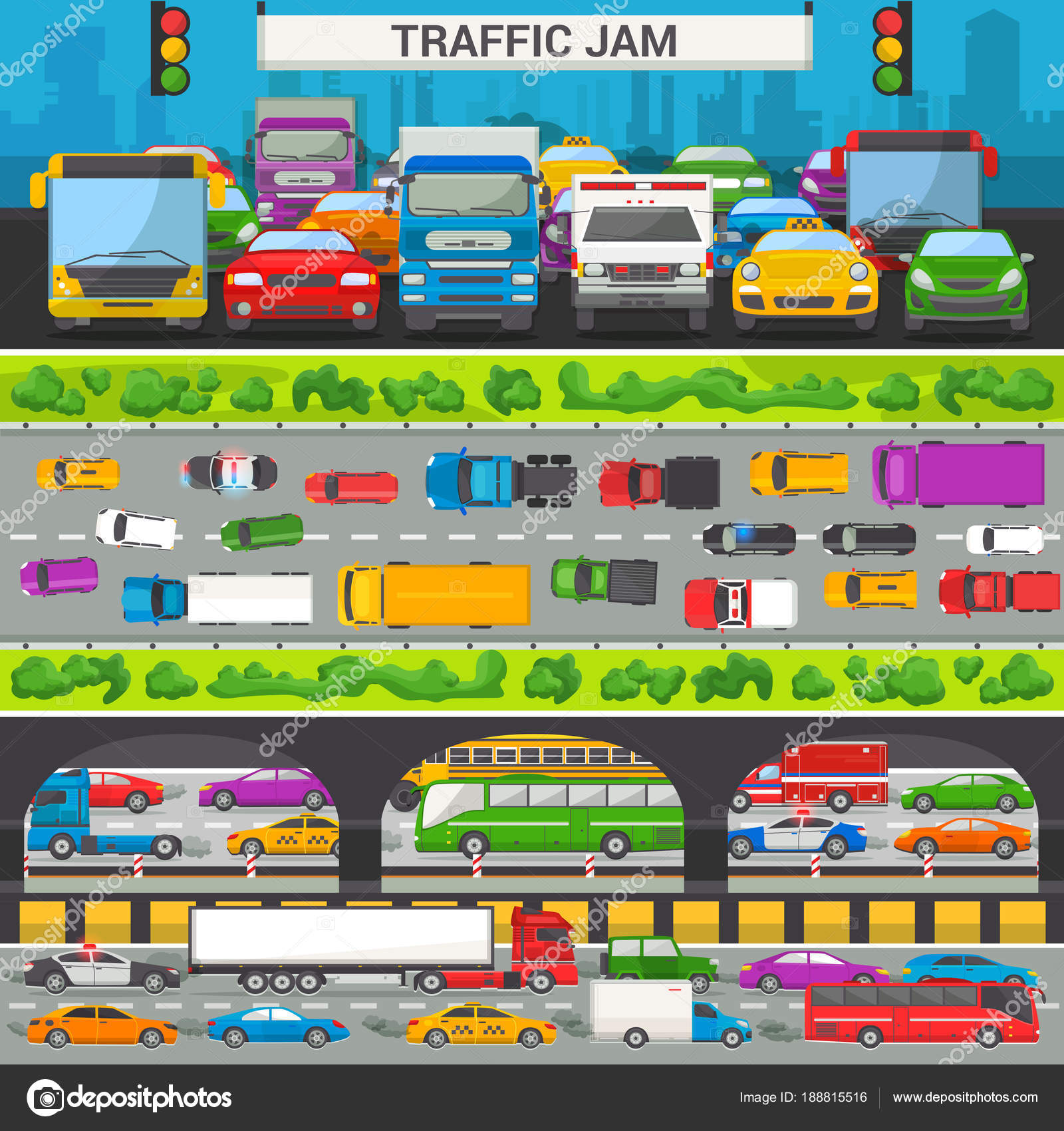Traffic jam vector transport car vehicle and bus in the rush hour on ...
