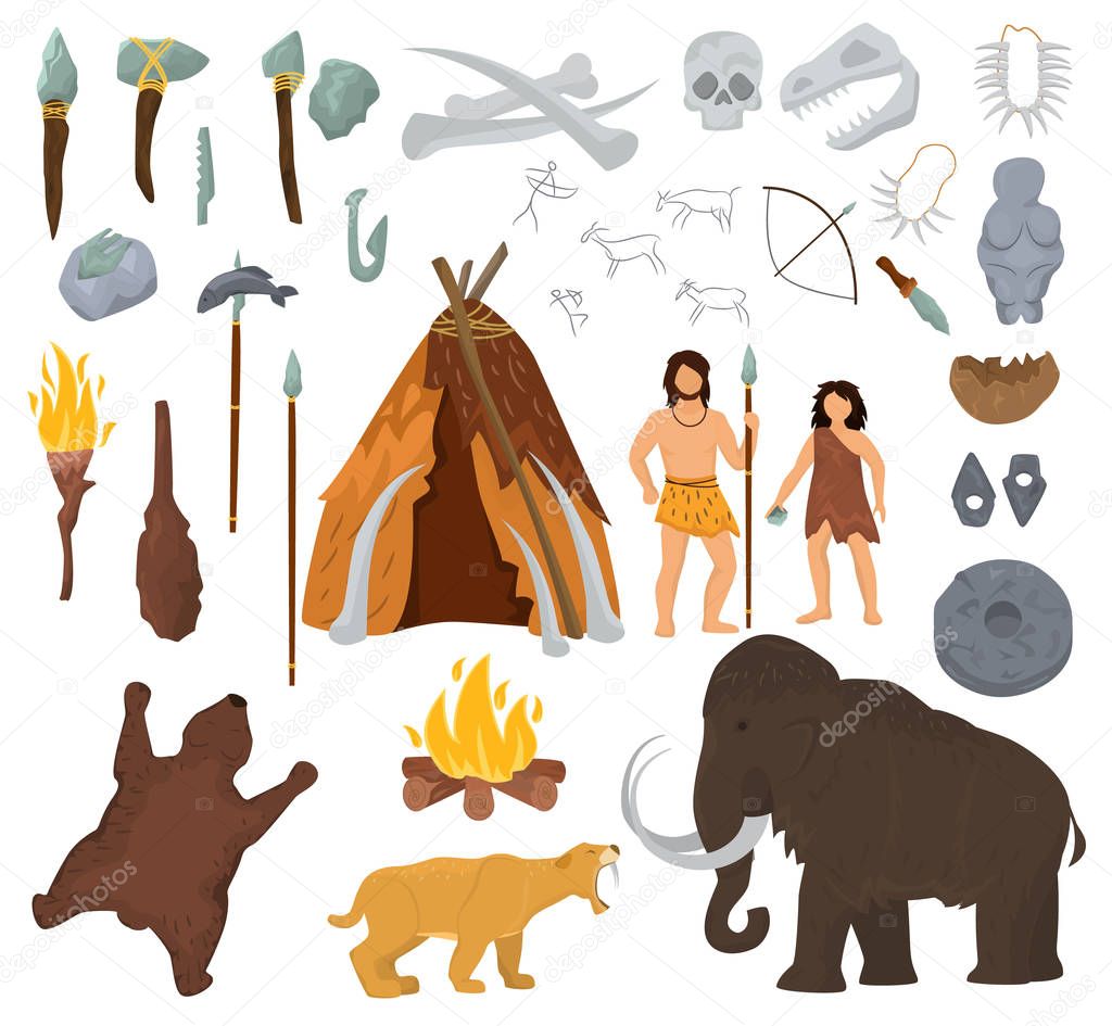 Primitive people vector mammoth and ancient caveman character in stone ...