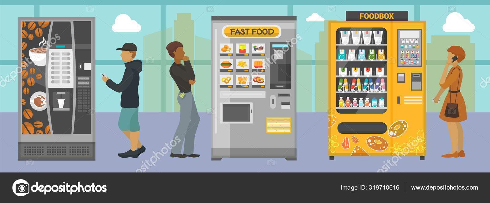 Vending machines with different food and drinks vector illustration. People choosing various ...