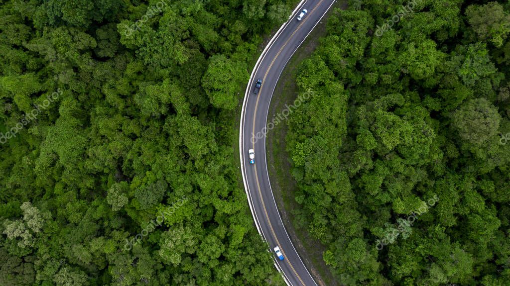 Vista aérea carretera pasando por el bosque, Camino a través del bosque ...