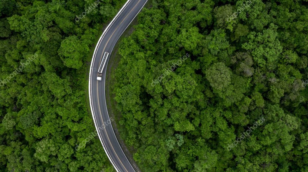 Vista aérea carretera pasando por el bosque, Camino a través del bosque ...