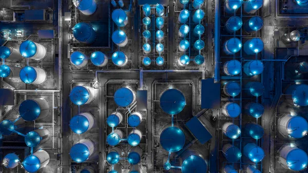 Aerial top view storage tank farm at night, Tank farm storage chemical ...