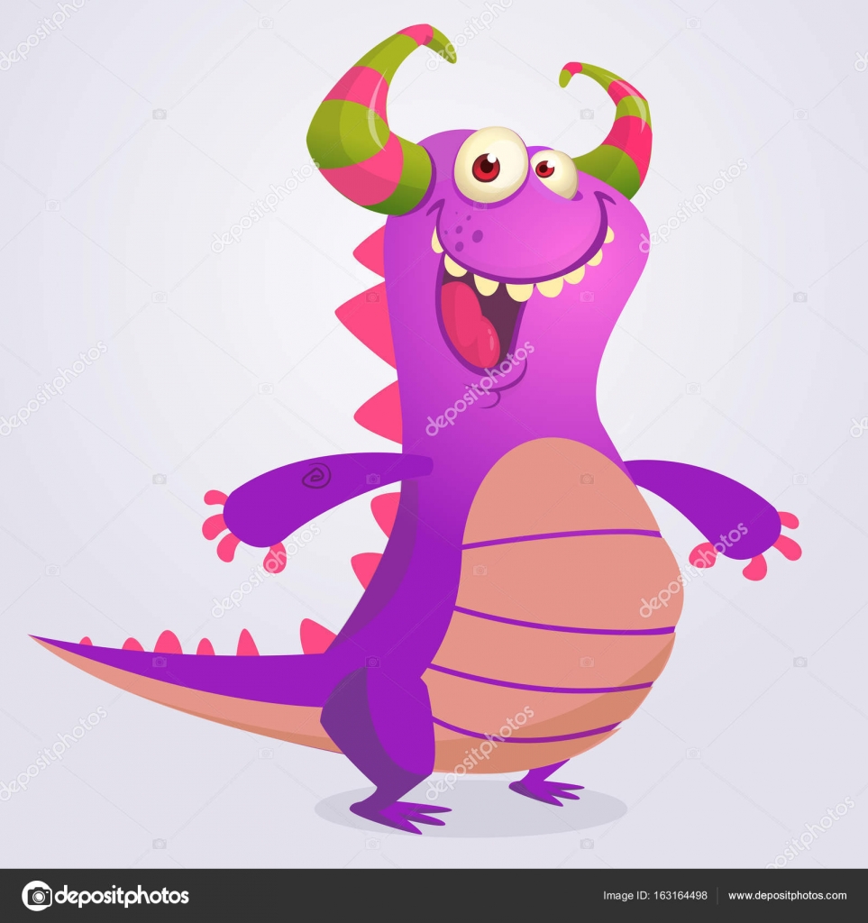 Feliz dragón violeta de dibujos animados. Vector monstruo dragón ...