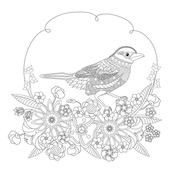 Doodle Cute Bird Branch Flowers Black Outline White Background — Stock ...