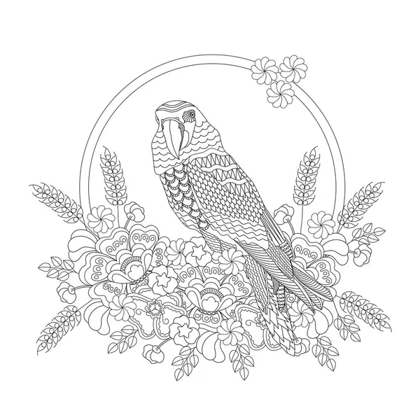 Doodle Cute Bird Branch Flowers Black Outline White Background — Stock ...