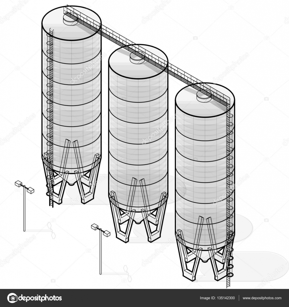 Silo isometric building infographic, big outlined grain seed silage ...