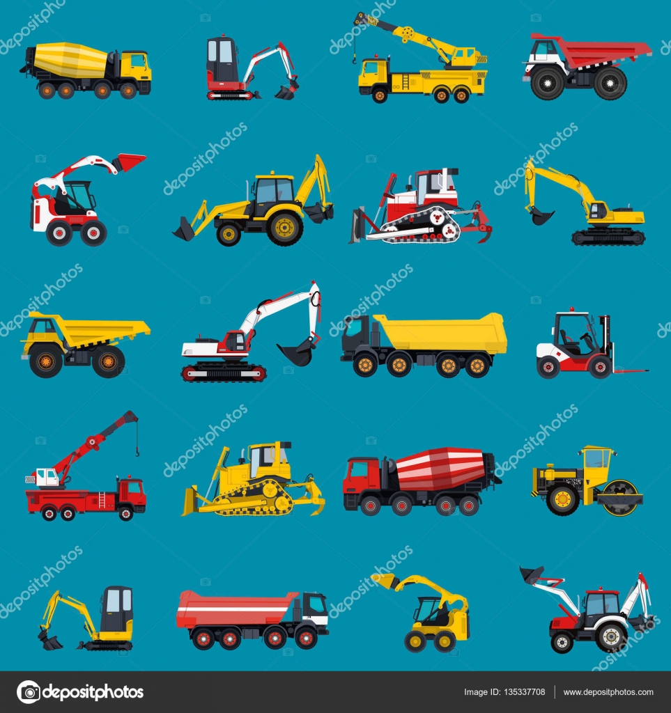 Wallpaper with construction machinery set on blue. Ground works ...