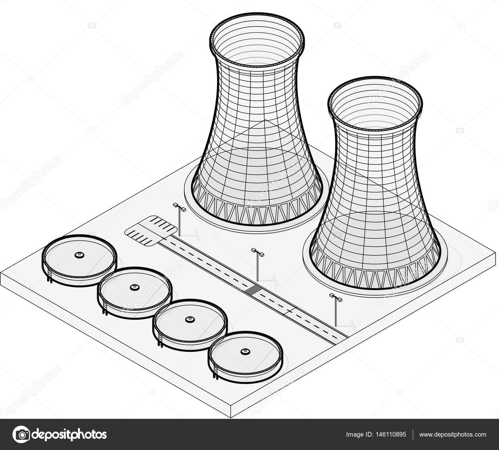Vector Isometric Cooling System Isolated Nuclear Power Plant White Background — Stock Vector