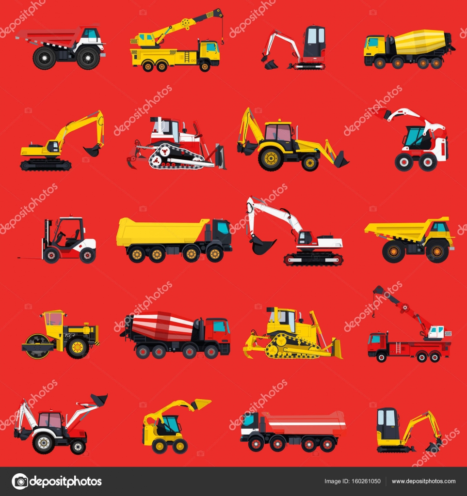 Wallpaper with construction machinery set on red. Ground works ...
