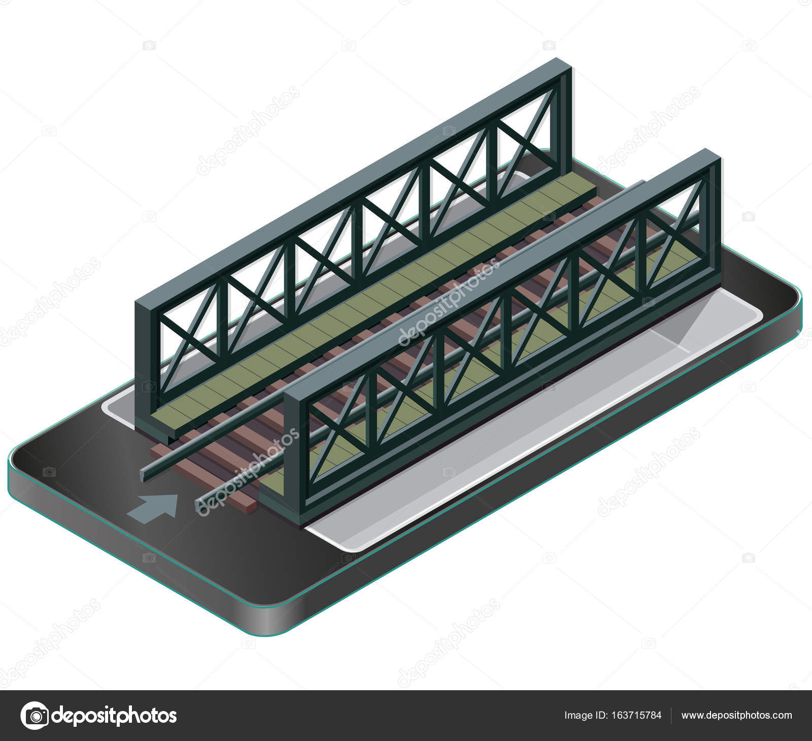 Vector train bridge, isometric perspective in mobile phone. — Stock ...