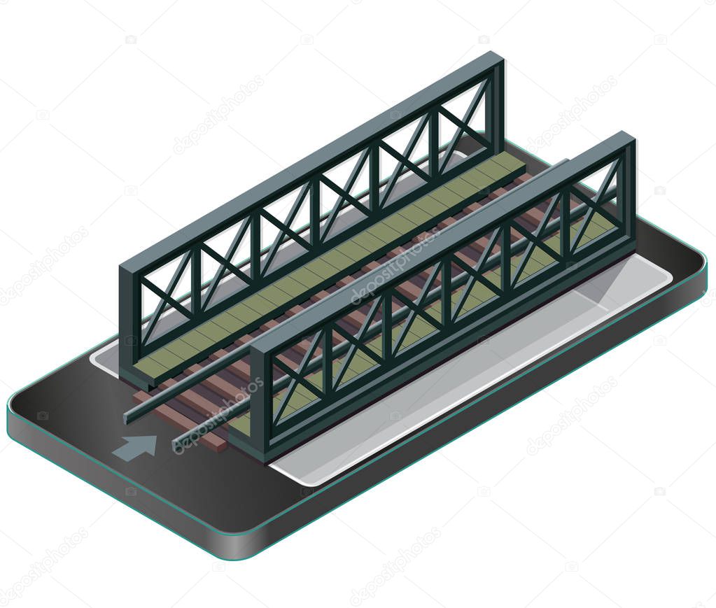 Vector train bridge, isometric perspective in mobile phone. — Stock ...