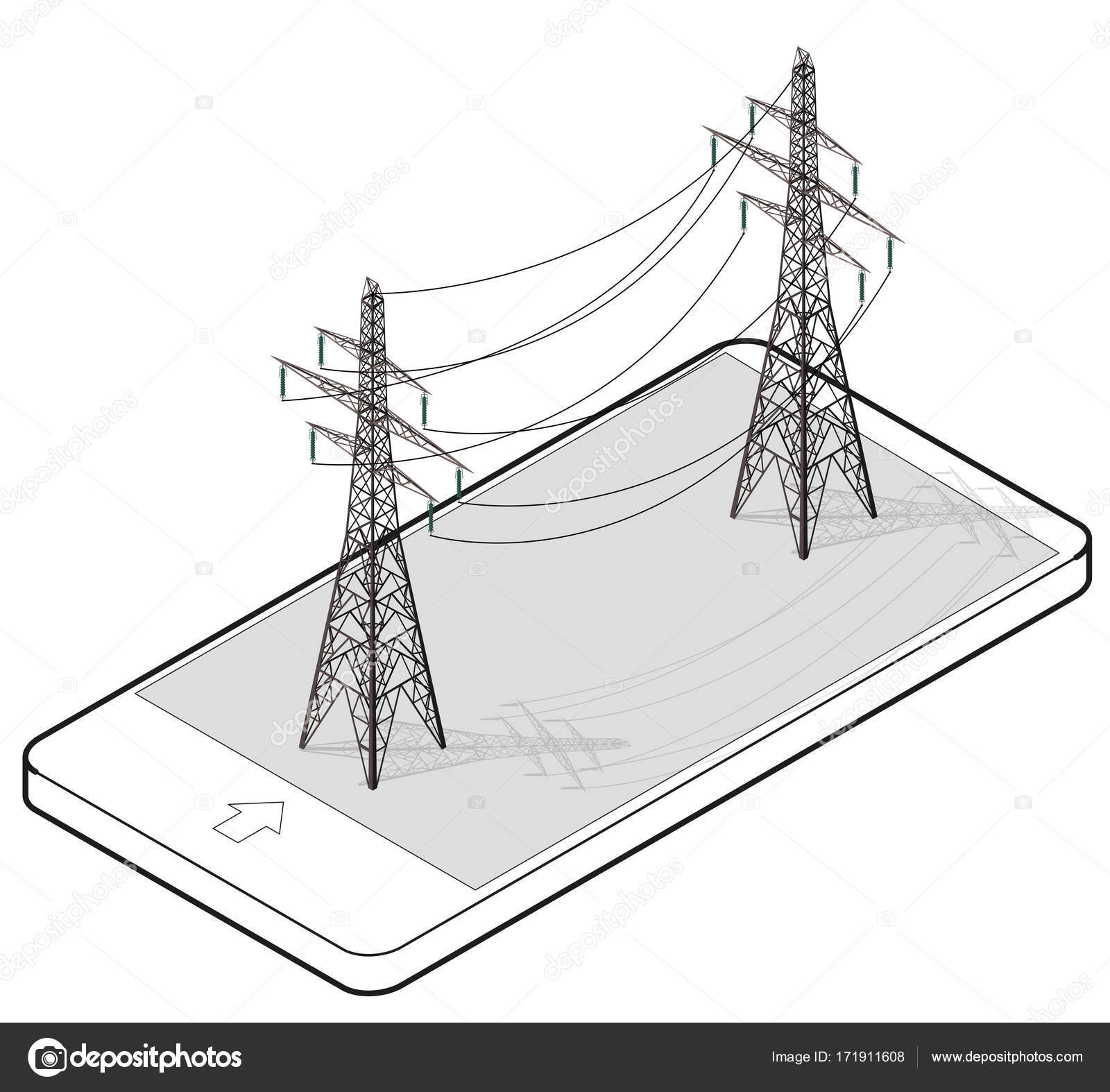 Outlined vector high voltage pylons in mobile phone, isometric ...