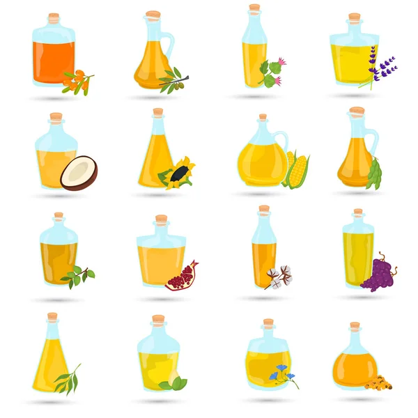 Set of different natural oils bottles color flat icons — Stock Vector ...