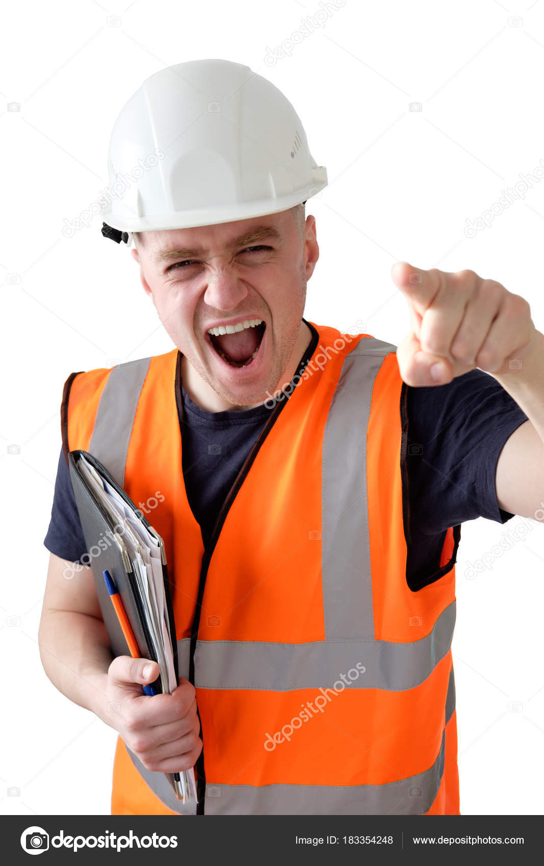 Angry builder worker in white protecting cask and working clothe ...