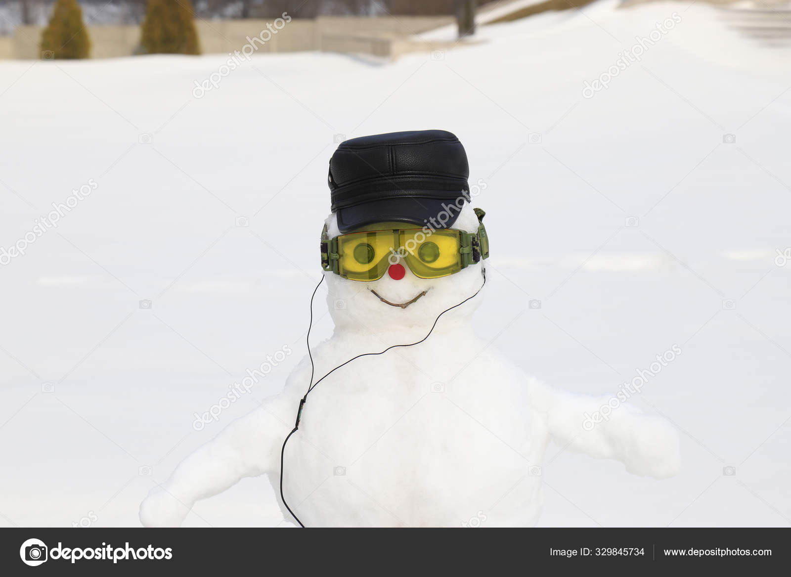 Funny Smiling White Snowman Black Cap Glasses Headphones Stands Snowy ...