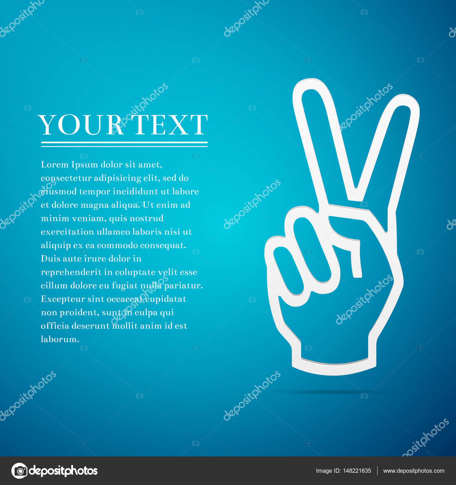Victory hand sign icon. Hand showing two finger flat icon on blue ...