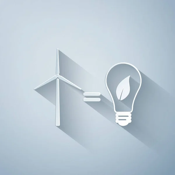 Paper cut Wind turbine and light bulb with leaves as idea of eco ...