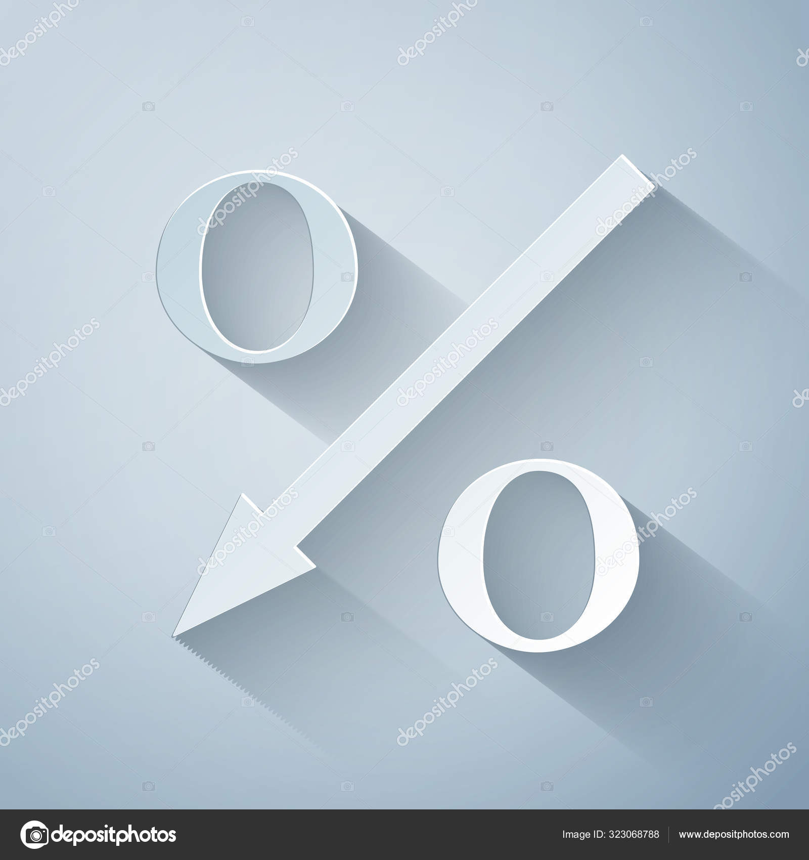 Paper cut Percent down arrow icon isolated on grey background. Decreasing percentage sign. Paper ...