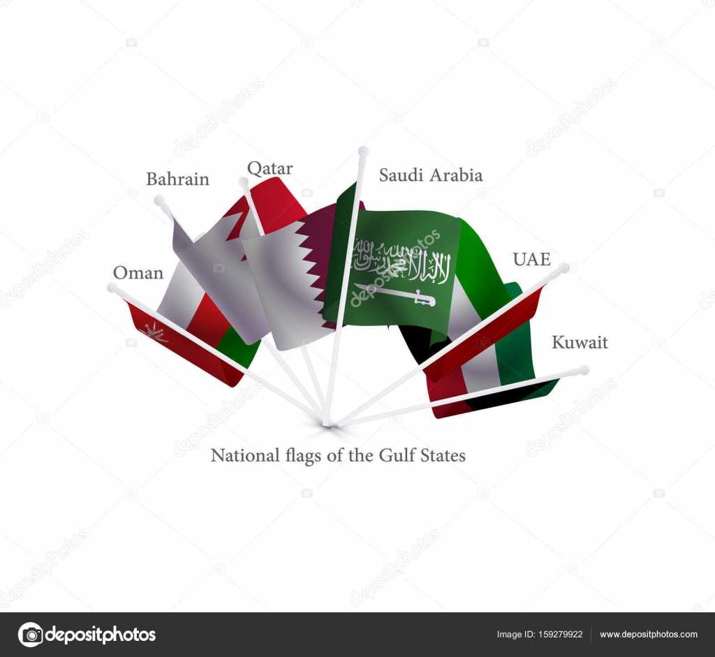 National flags of the Gulf States: Saudi Arabia, Qatar, Oman, Kuwait ...