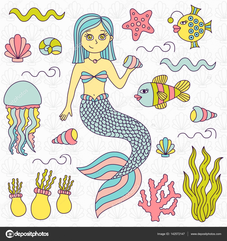 Vector: ocean doodles | Mermaid fish sea ocean doodles vector set ...