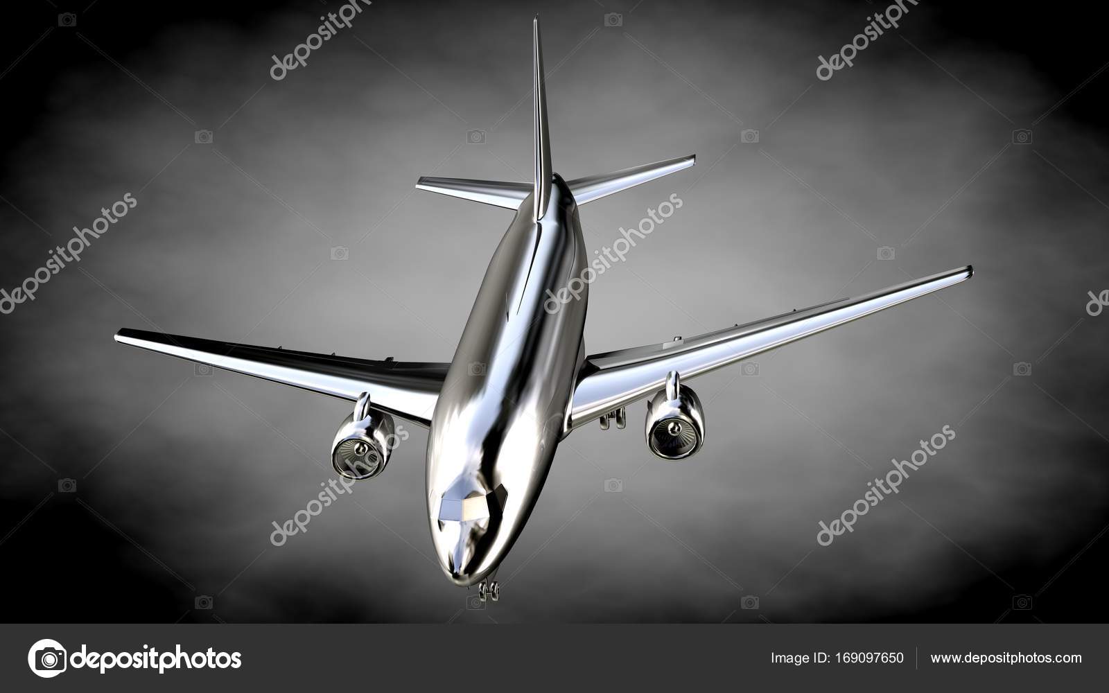 3d rendering of a metalic reflective airplane on a dark backgrou ...