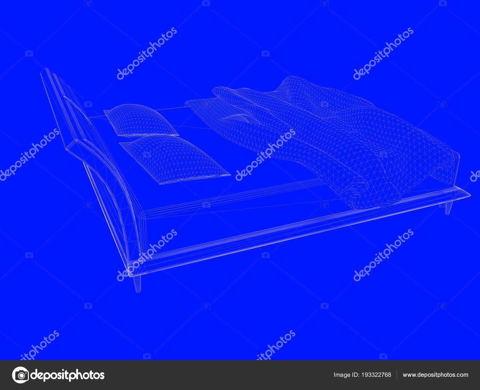 3d rendering of a bed blueprint as lines on a blue background — Stock ...